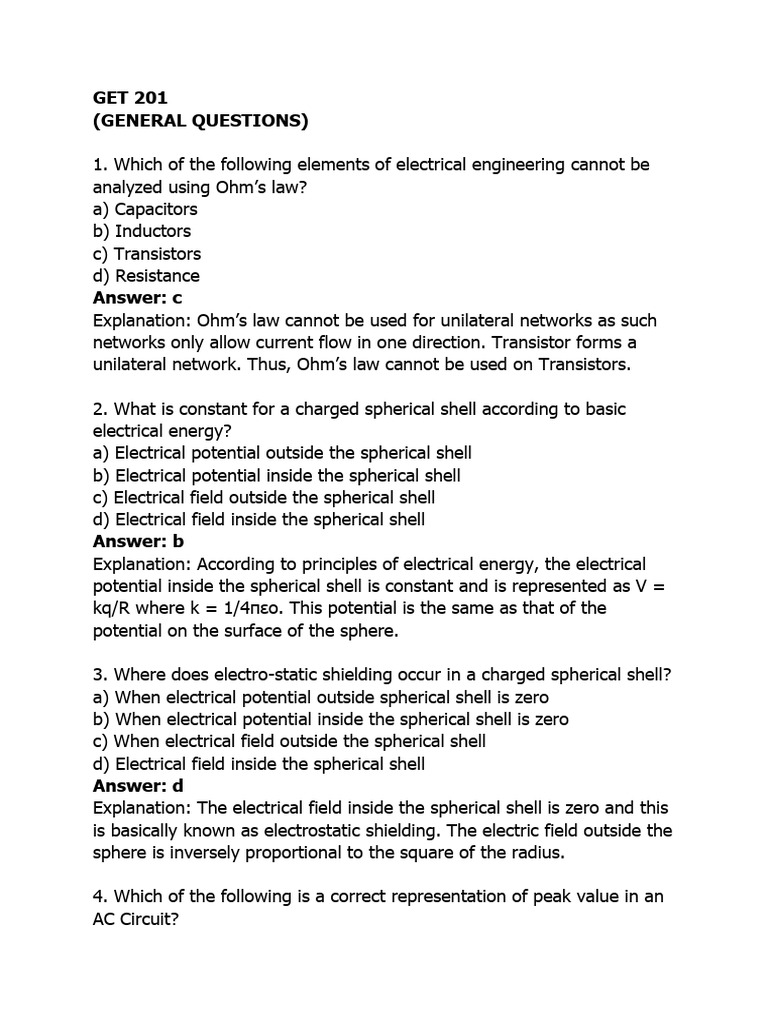GET 201 Electrical Engineering Quiz | PDF | Capacitor | Series And ...