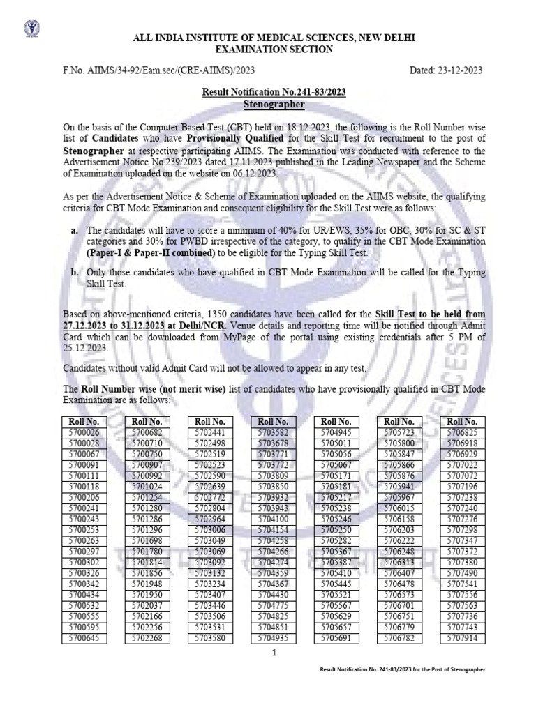Stage 1 Result Stenography Net | PDF | Qualifications