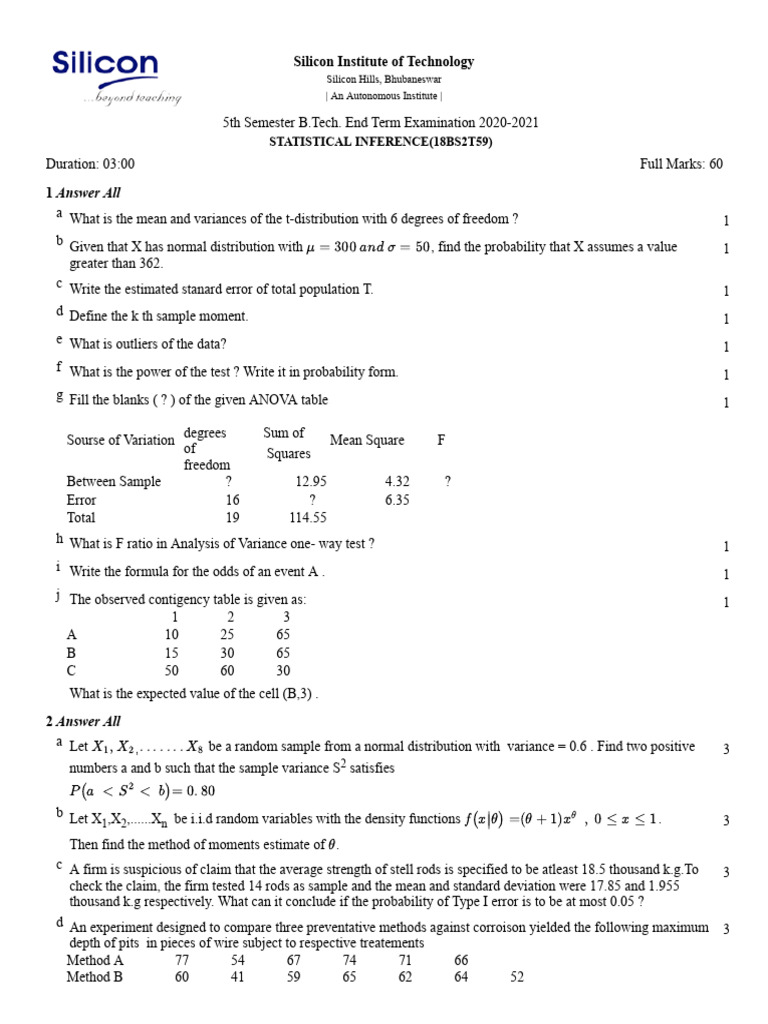 Statistical Inference (18BS2T59) - End-Term Exam - 2020-2021 | PDF ...