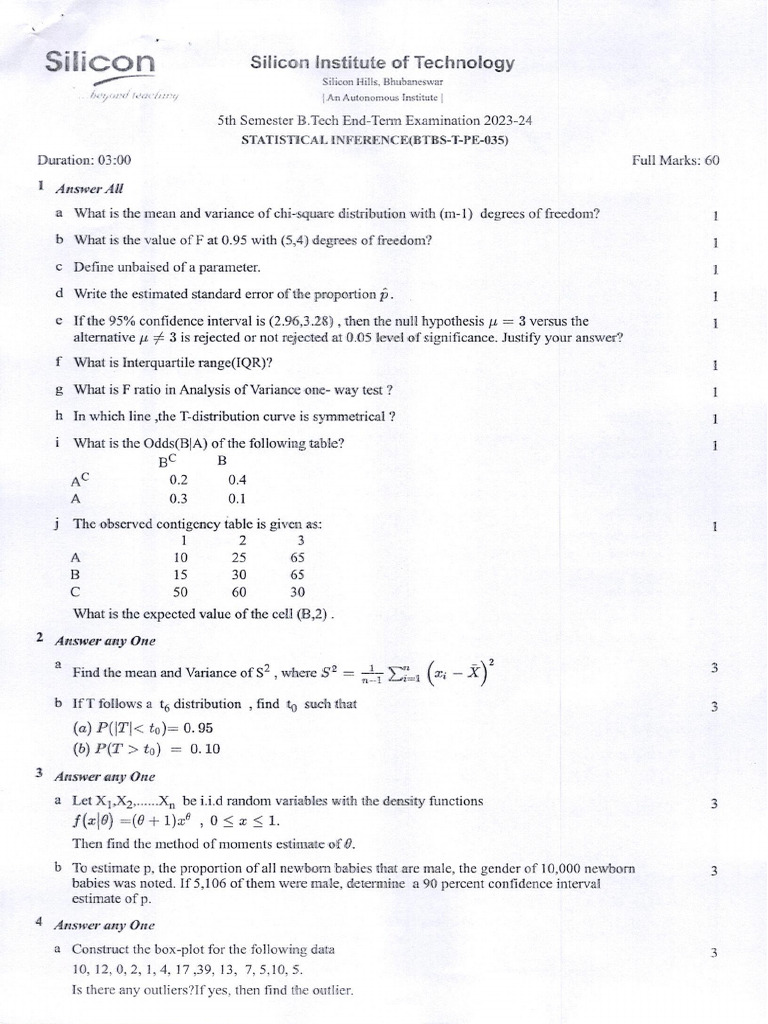 Statistical Inference (Btbs-T-Pe-035) - End Term Exam - 2023-2024 | PDF