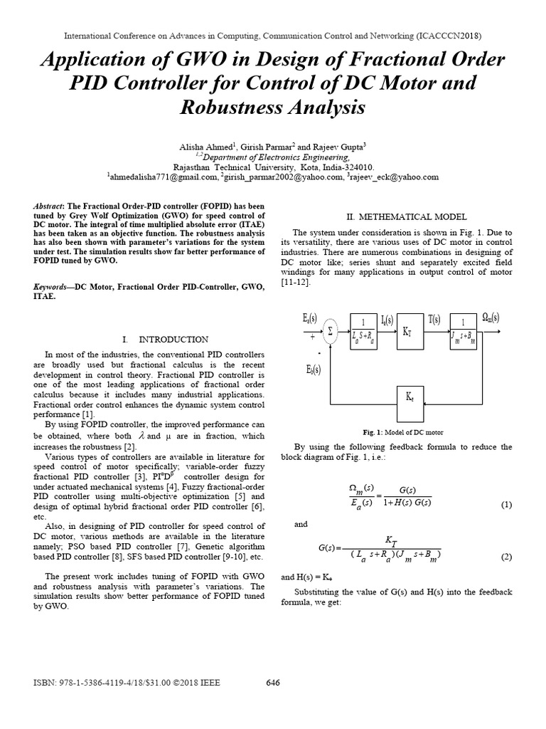 Application Of Gwo In Design Of Fractional Order Pid Controller For Control Of Dc Motor And