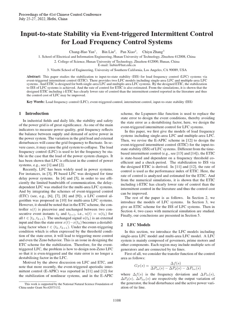 Input-To-State Stability Via Event-Triggered Intermittent Control For Load Frequency Control ...