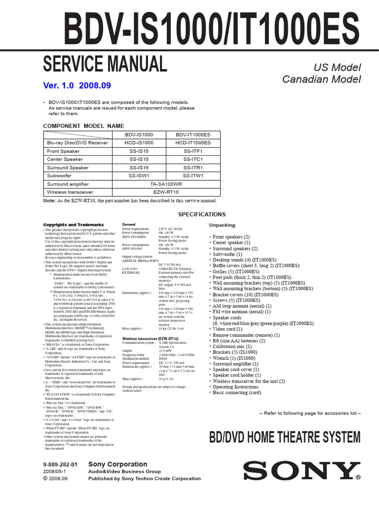 Sony Bdv-Is1000 It1000es Ver.1.0 | PDF | Loudspeaker | Hdmi