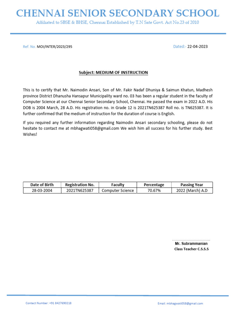 MOI Letter Naimodin | PDF