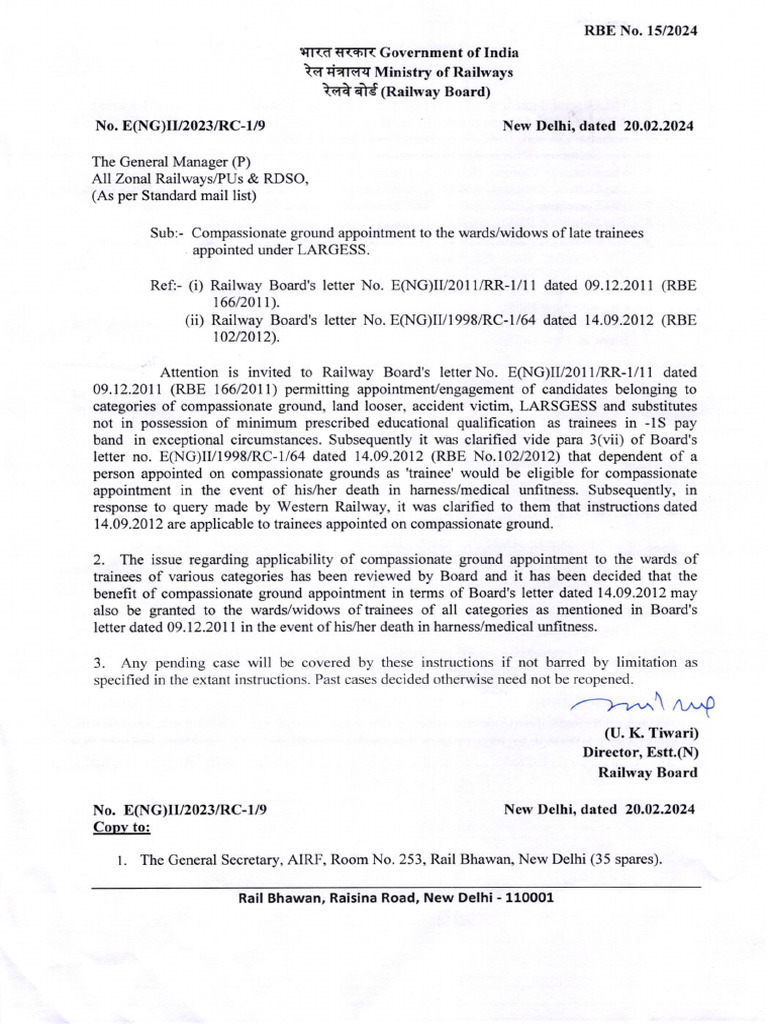 Compassionate Ground Appt ward-LARGESS | PDF | Government Of India | Rail Transport