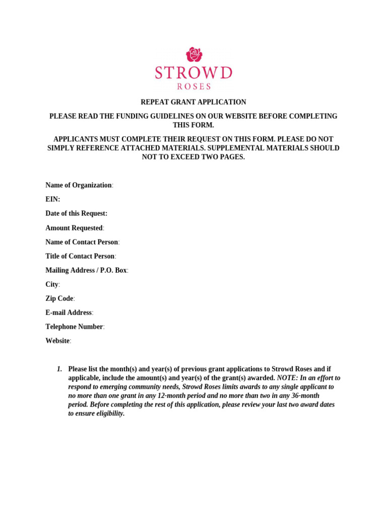 Strowd Roses Grant Application Form For Repeat Applicants 2024 | PDF ...
