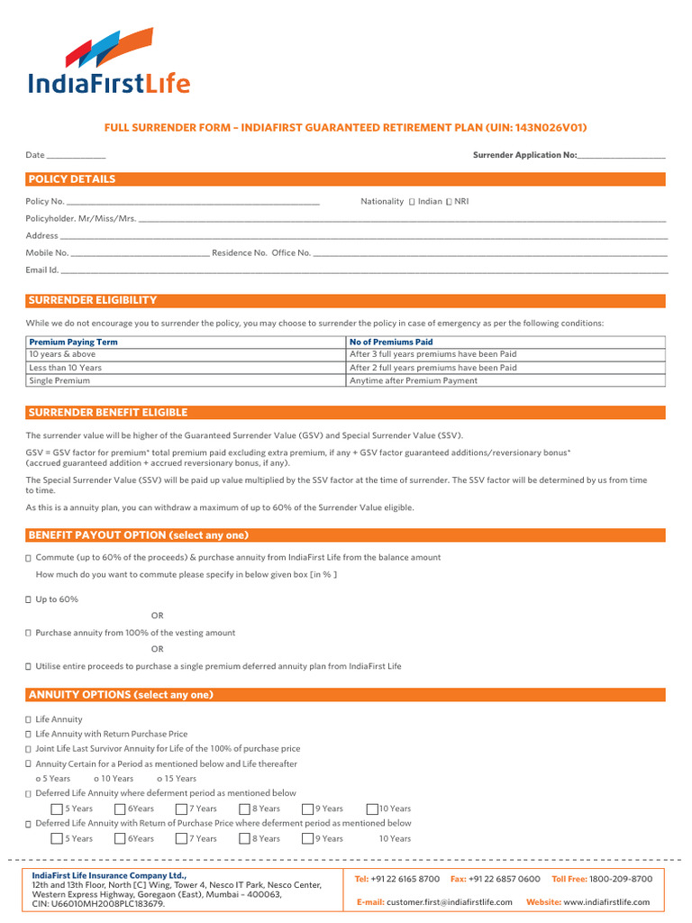 Full Surrender Form - GRP | PDF | Insurance | Life Insurance