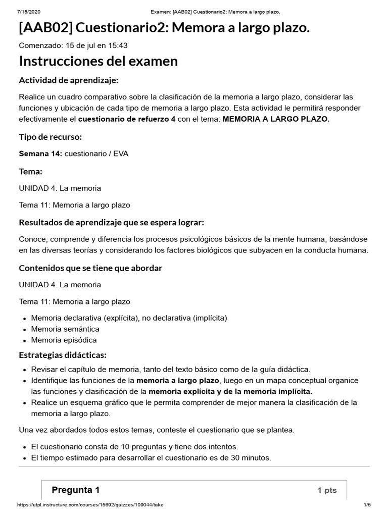 Examen - (AAB02) Cuestionario2 - Memora A Largo Plazo | PDF | Memoria | Sicología
