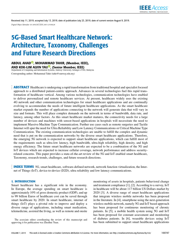 5G-Based Smart Healthcare Network Architecture, Taxonomy, Challenges and Future Research ...