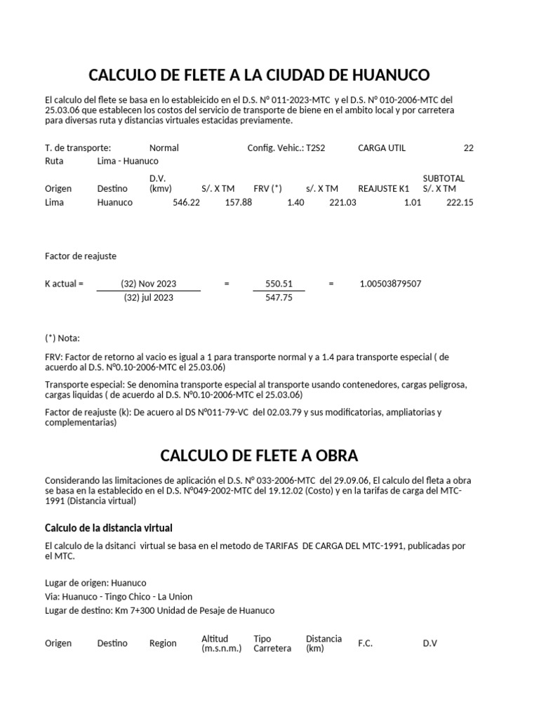 Cálculo de Flete Lima-Huánuco 2023 | PDF
