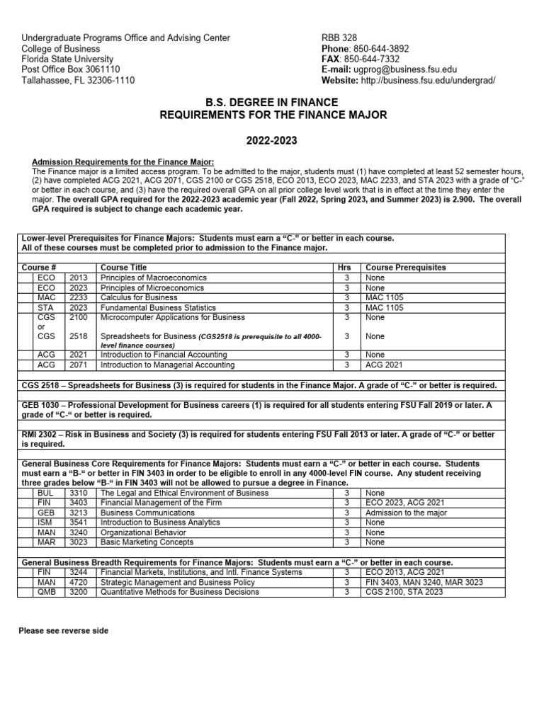 FSU Finance Major Requirements 2022-2023 | PDF | Economies | Business