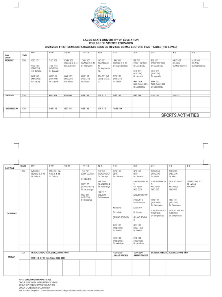 Revised Ccmas 100 Level Time Table - Phoenix | PDF