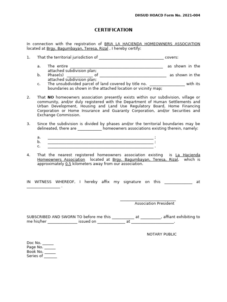 Certification As To Existing Hoa V.nov 2021 | PDF