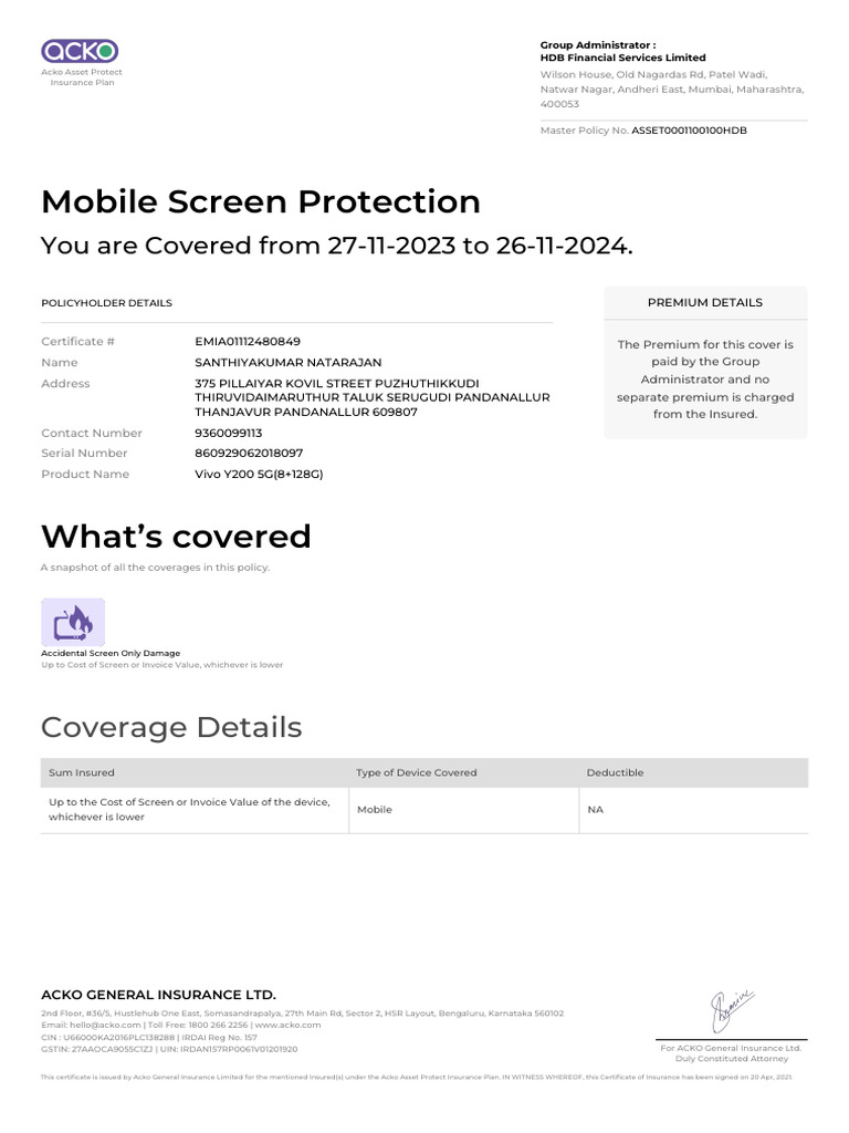 Acko Mobile Screen Protection Policy | PDF | Insurance | Financial Services
