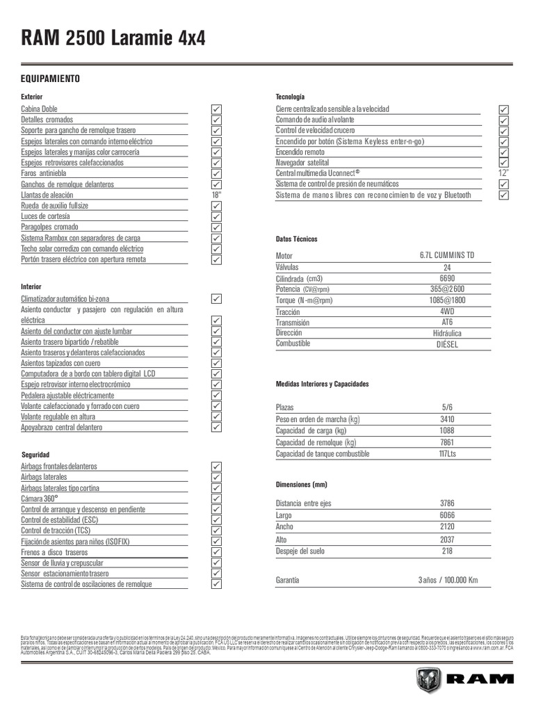 RAM 2500 Ficha Tecnica Diesel | PDF | Tracción en las cuatro ruedas | Tecnología de vehículos