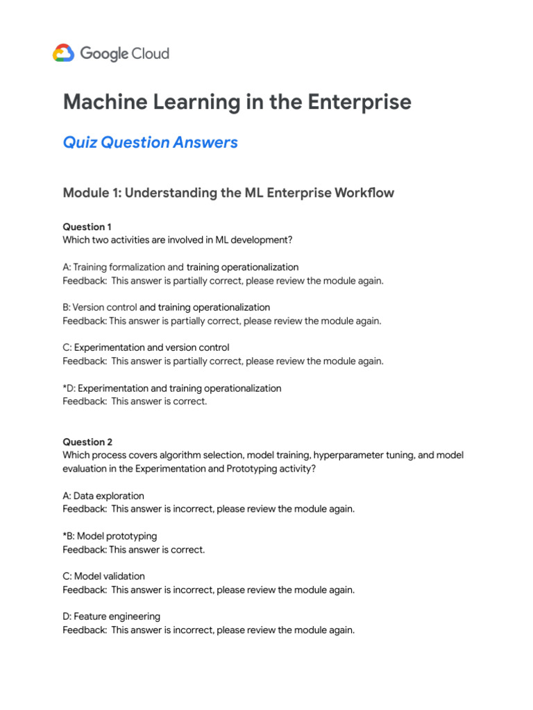 ML in The Enterprise - ALL QUIZ QUESTIONS v3.0 | PDF | Learning ...