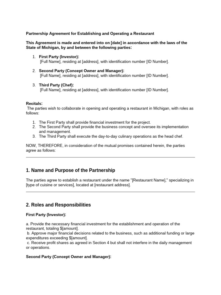 Partnership Agreement For Establishing and Operating A Restaurant | PDF ...