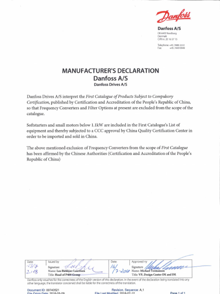 CCC Approval Manufacturers Declaration 00740521 Signed | PDF