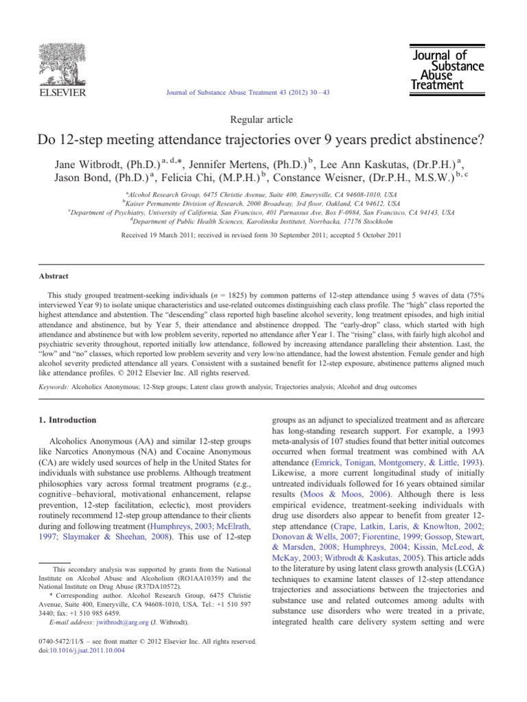 Witbrodt 2012 - 12-Step Meeting Attendance Over 9 Years and Abstinence ...