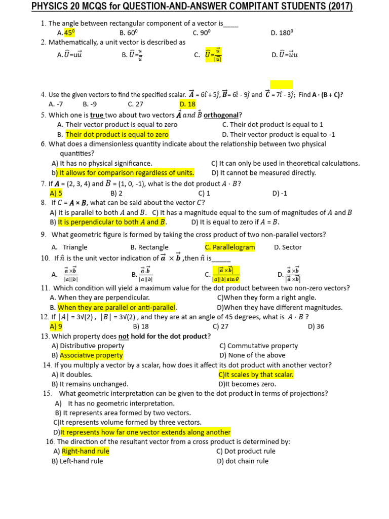 PHYSICS 20 MCQS For QUESTION | PDF | Euclidean Vector | Force
