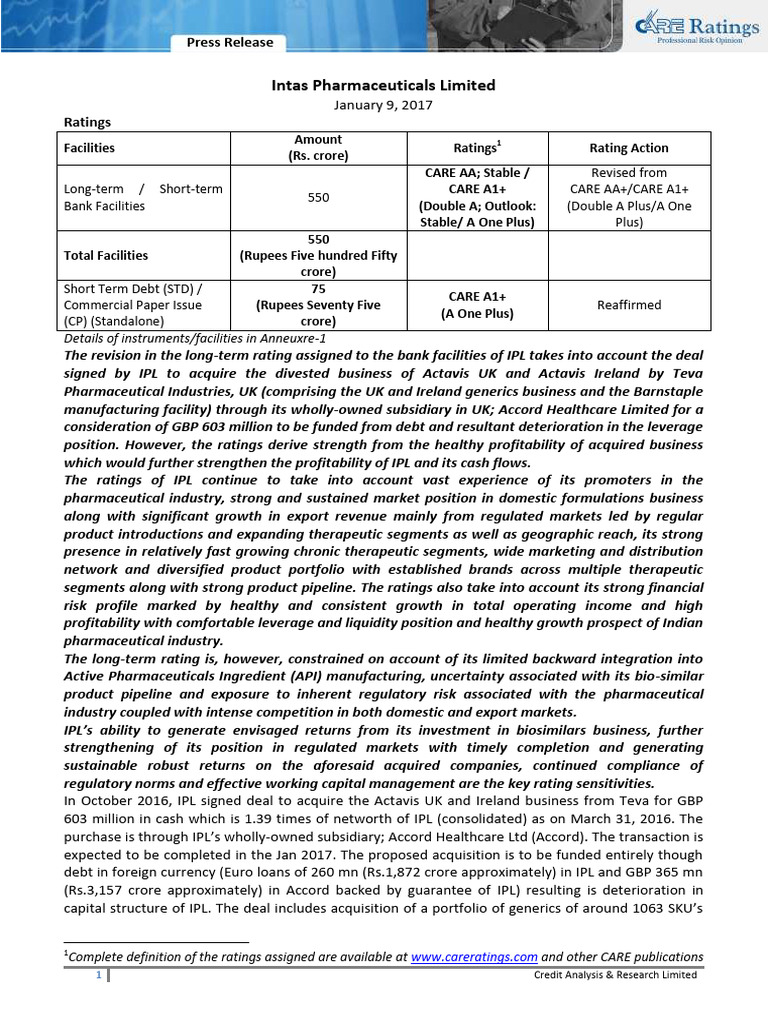 Intas Pharmaceuticals Credit Rating Update | PDF | Credit Rating Agency ...