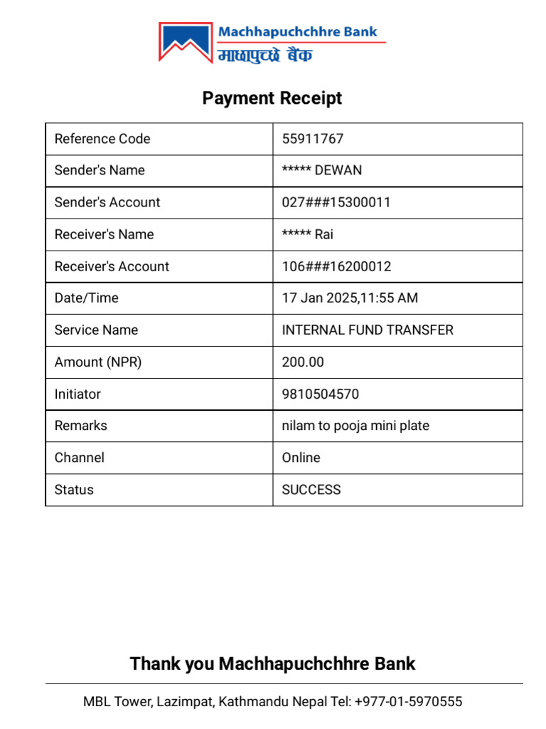 Payment Receipt: Internal Fund Transfer | PDF