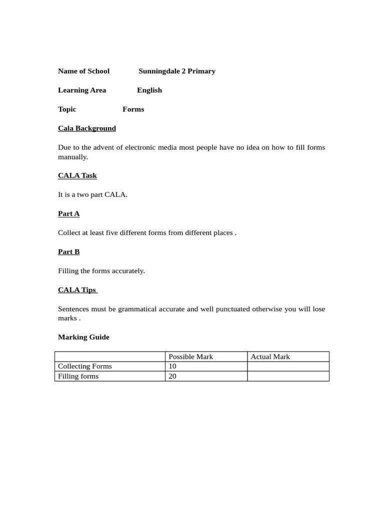 Filling Forms: English CALA Task | PDF