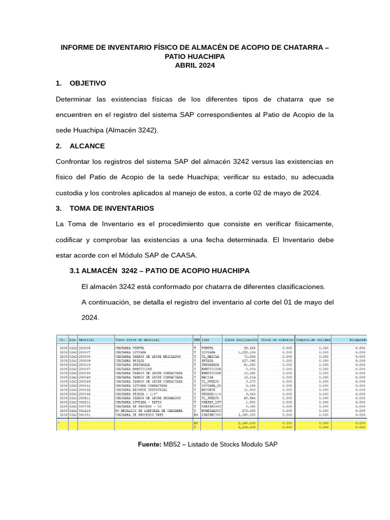 INFORME DE INVENTARIO FÍSICO DE ALMACÉN DE ACOPIO DE CHATARRA | PDF