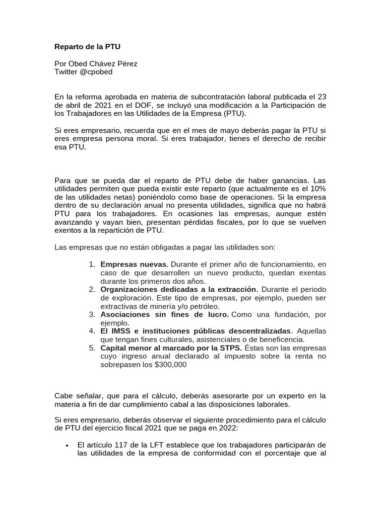 Reparto de PTU: Guía para Empresarios y Trabajadores | PDF | Impuesto ...