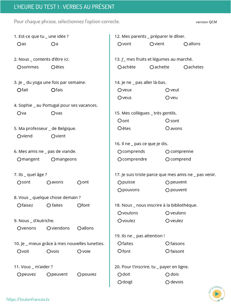 Test de verbes au présent en français | PDF | Échecs | Théorie (échecs)