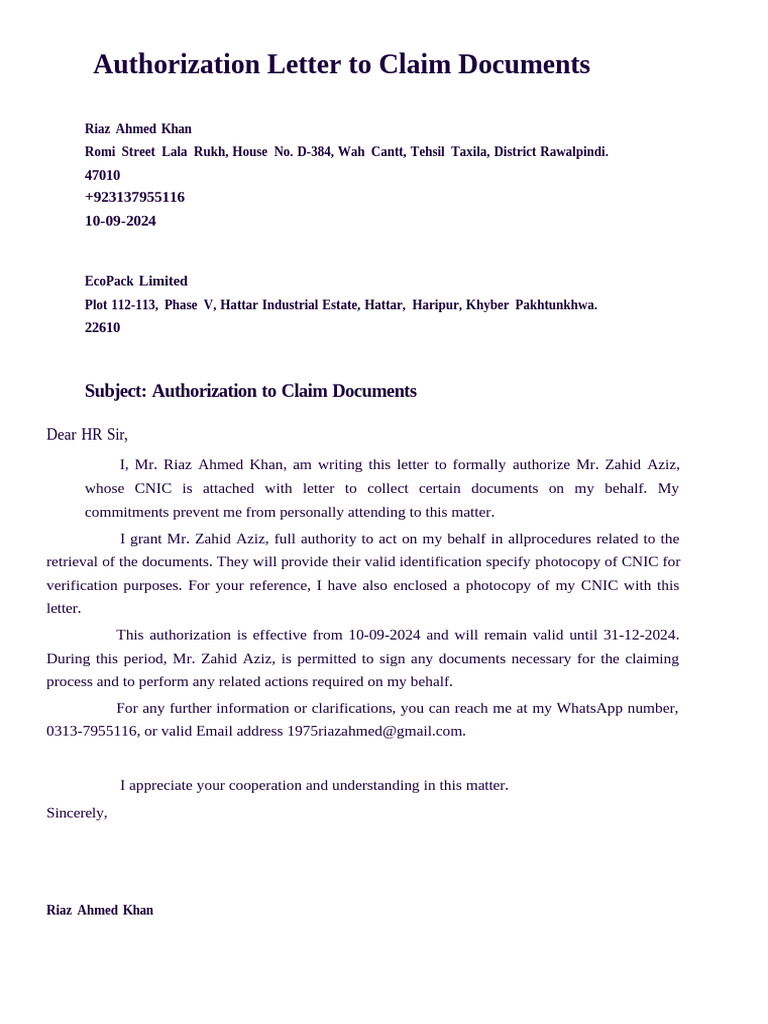 Authorization Letter for Document Claim | PDF