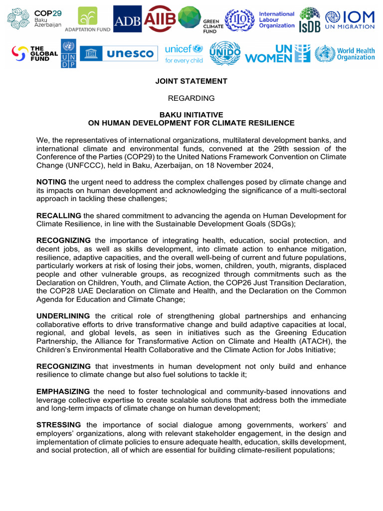 Joint Statement - Baku Initiative On Human Development For Climate ...