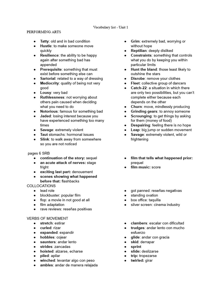 Vocabulary List for Performing Arts and Nature | PDF