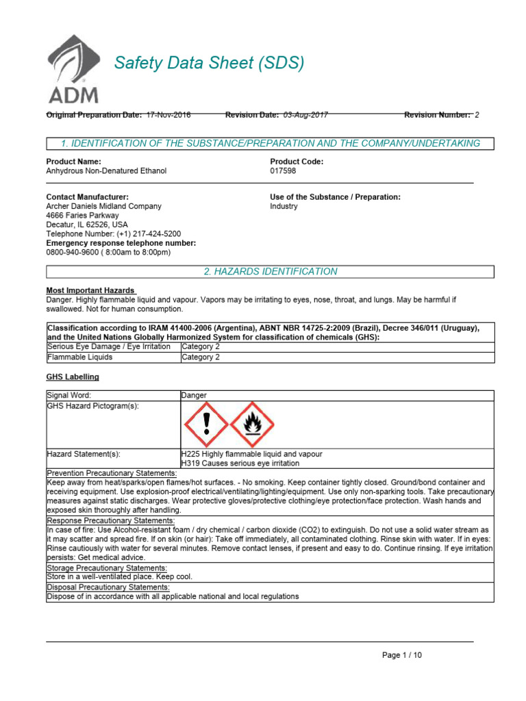Ethanol 96 Safety Data Sheet | PDF | Ethanol | Combustion