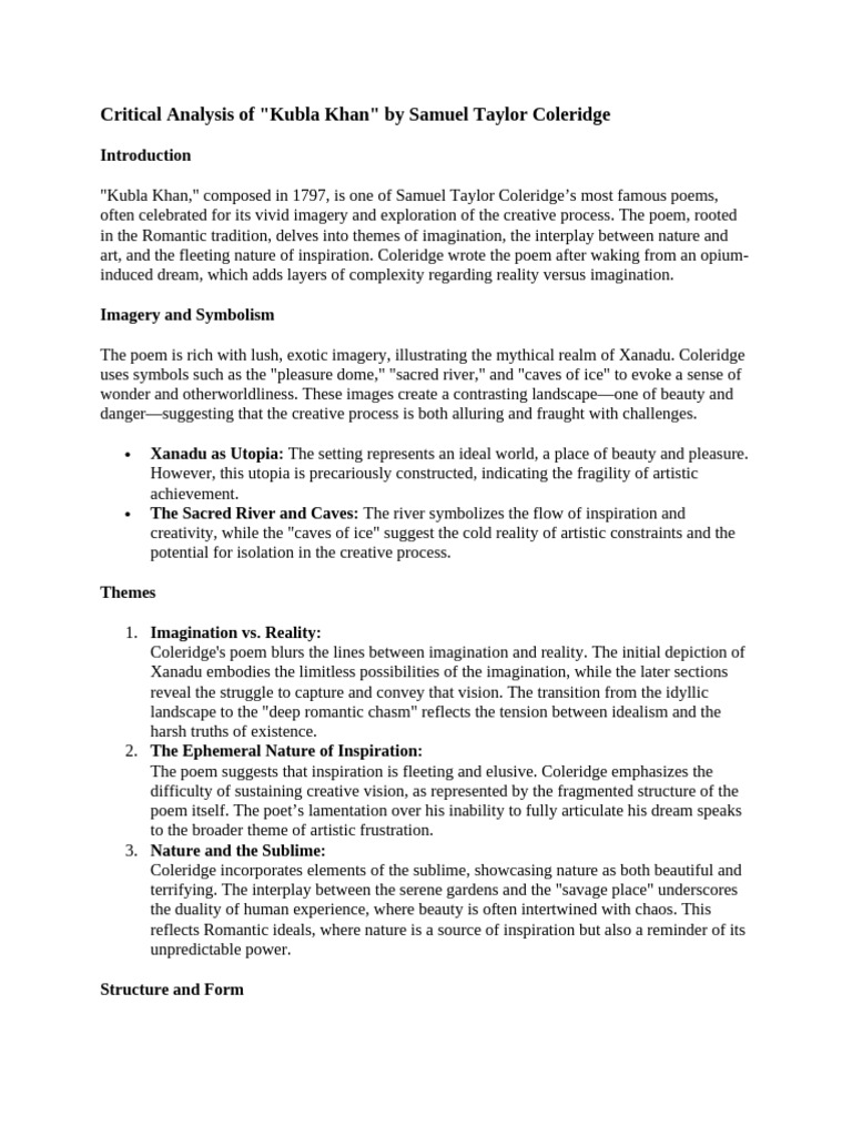 Critical Analysis of Kubla Khan | PDF | Poetry