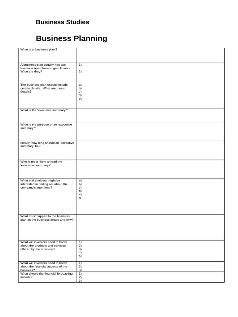 Business Plan Worksheet | PDF