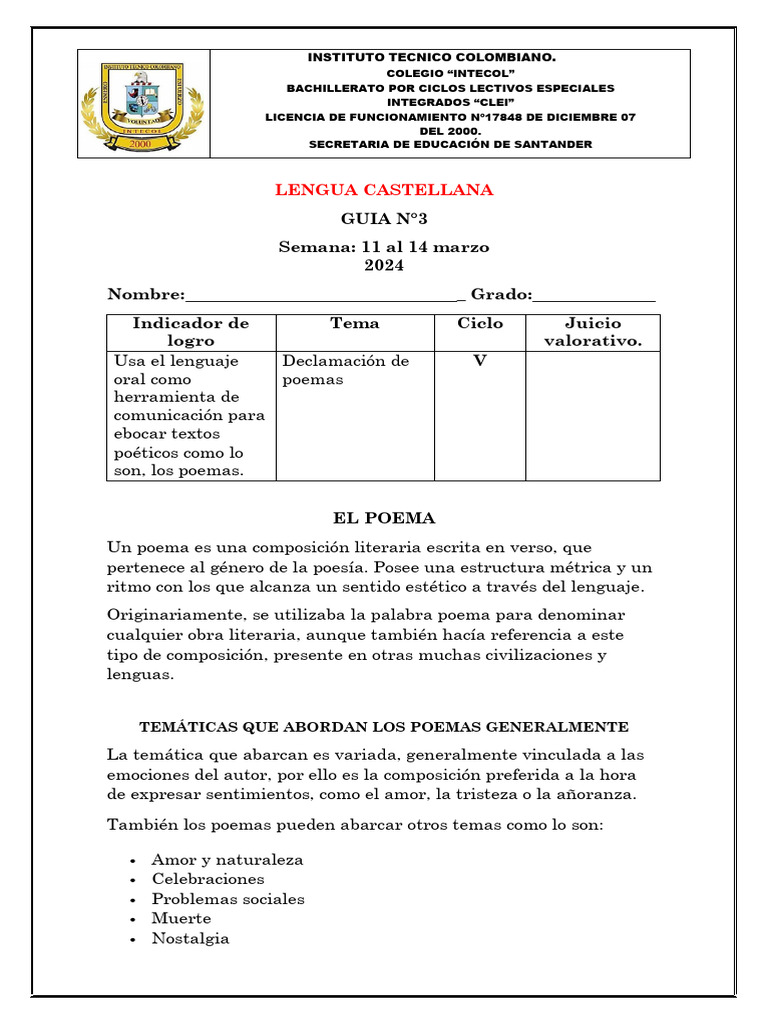 Guía 3 (Semana 11-14 Marzo) | PDF | Poesía | Rima