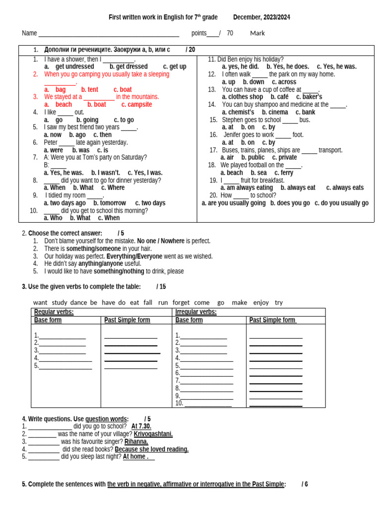 First written work in English for 7th grade 2022 - 2023 | PDF