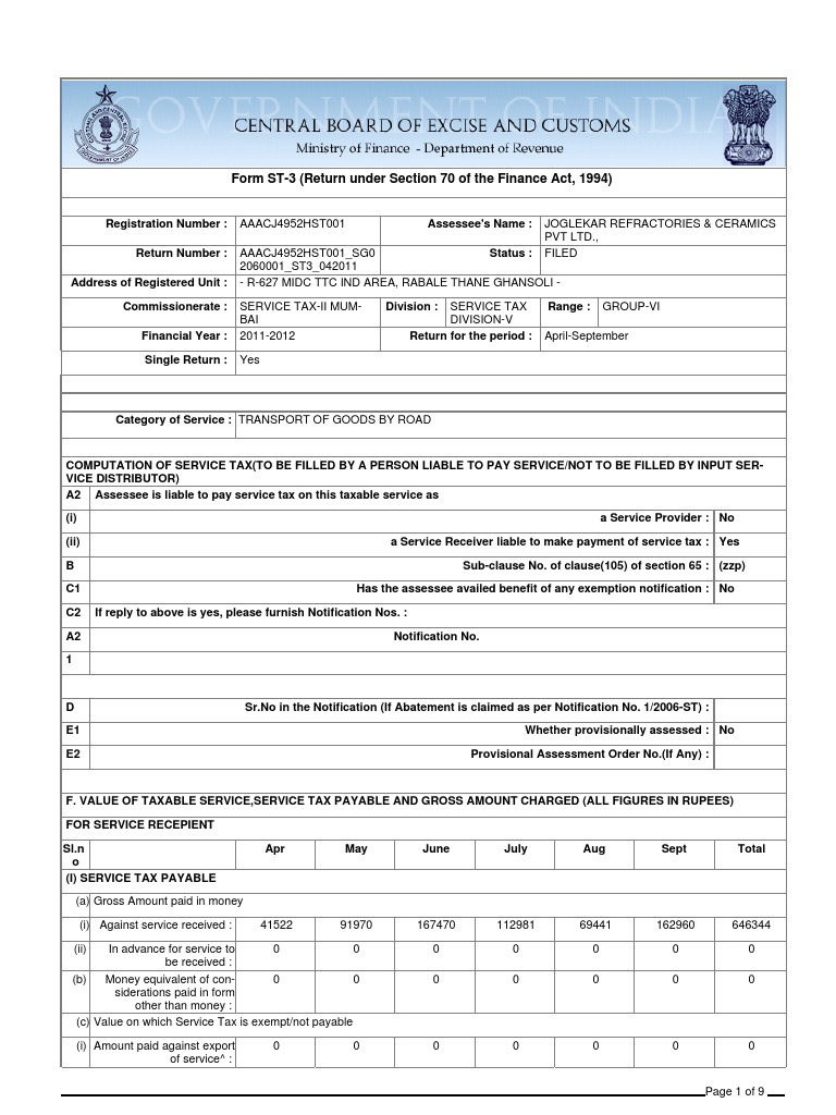 Form ST-3 (Return Under Section 70 of The Finance Act, 1994) | PDF ...