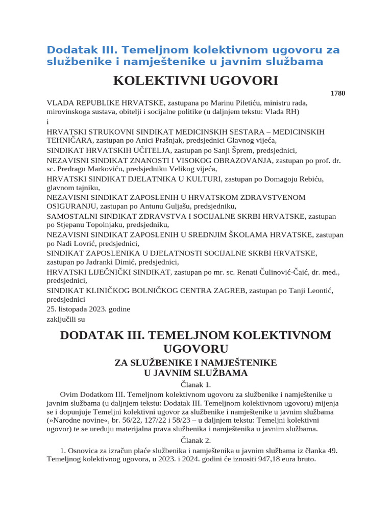 Dodatak III. Temeljnom Kolektivnom Ugovoru Za Sluzbenike I Namjestenike U Javnim Sluzbama | PDF