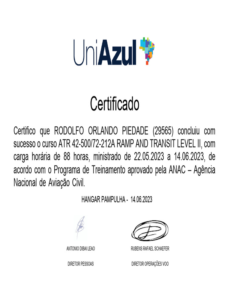 Certificado Atr 42-500!72!212a Ramp and Transit Level II | PDF