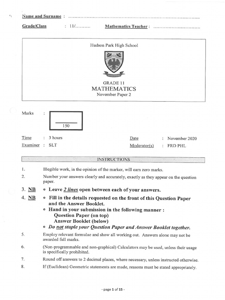 Grade 11 2020 November Maths Paper 2 | PDF