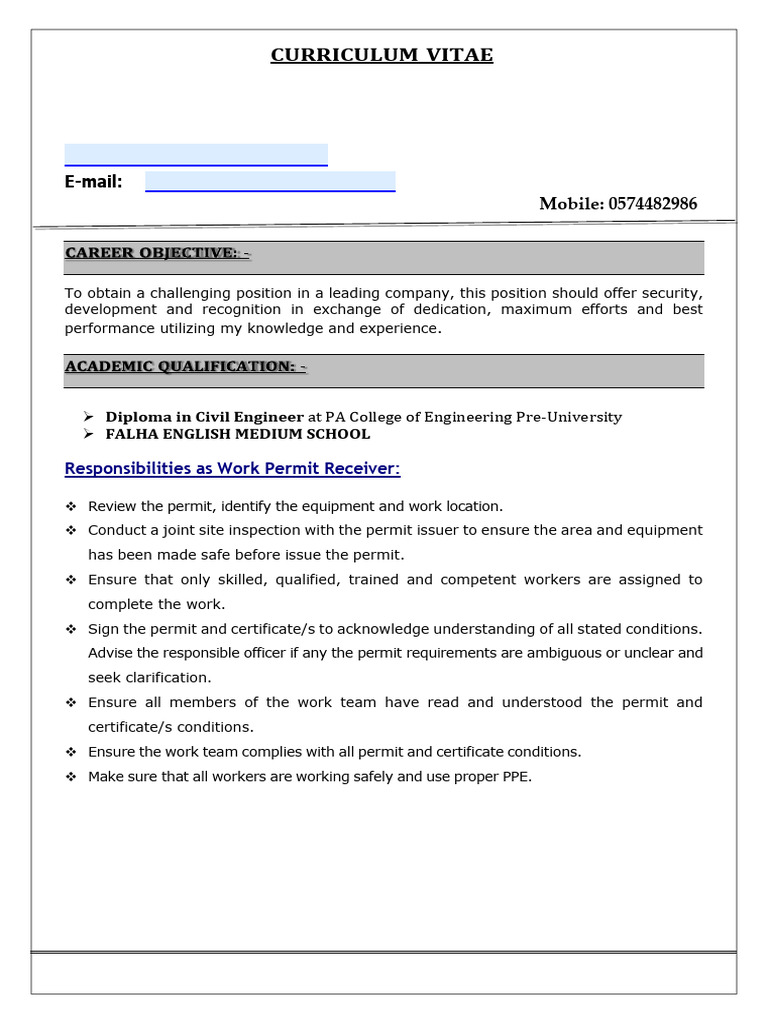 Work Permit Receiver CV: Mahammad Sinan | PDF | Safety | Microsoft Office