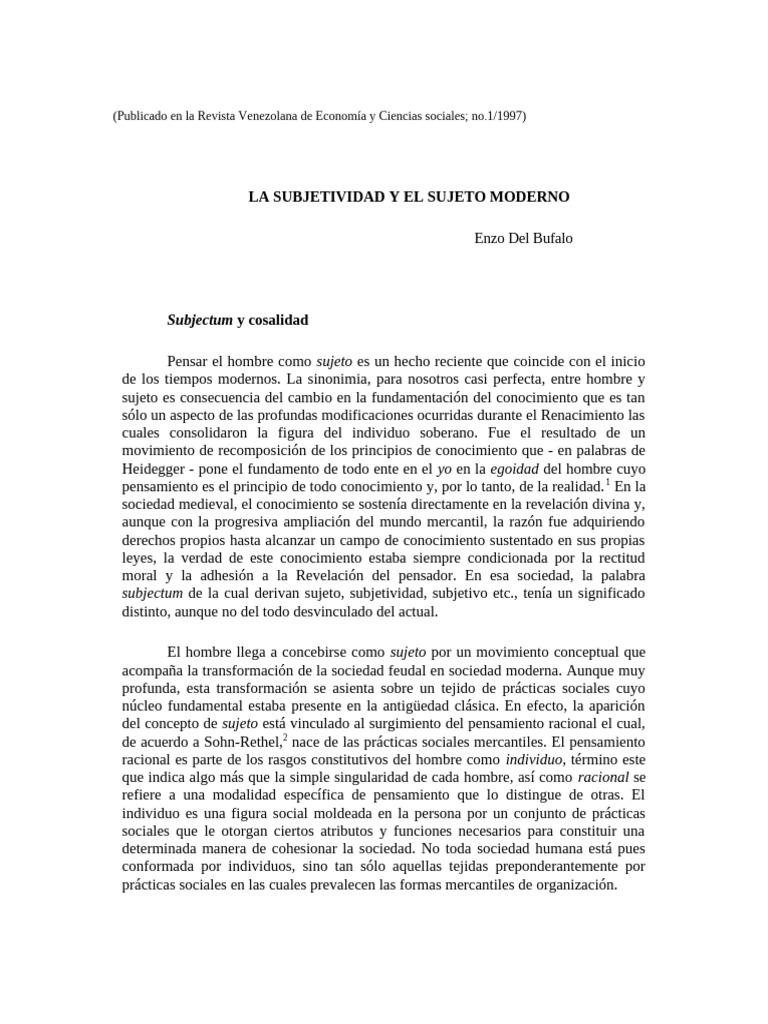 La Subjetividad y El Sujeto Moderno | PDF | Pensamiento | Conocimiento