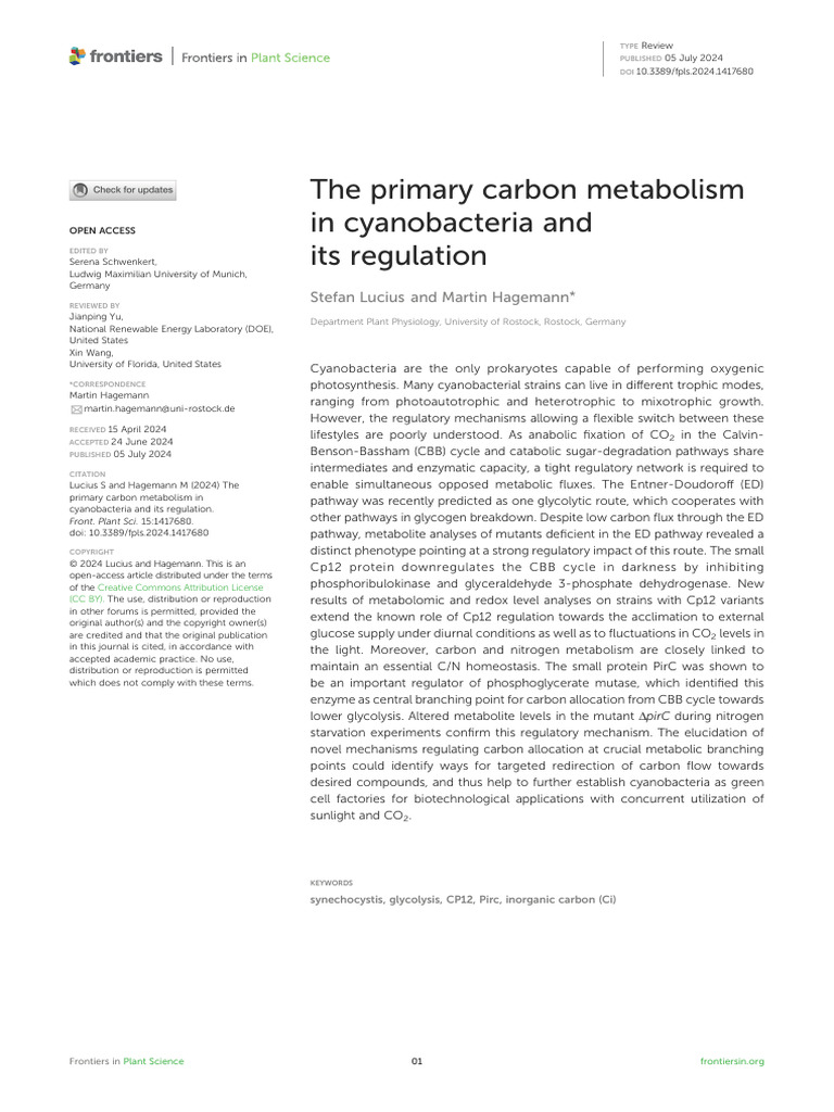 2024. Front. Plant Sci. REVIEW. Lucius & Hagemann. the Primary Carbon Metabolism in ...