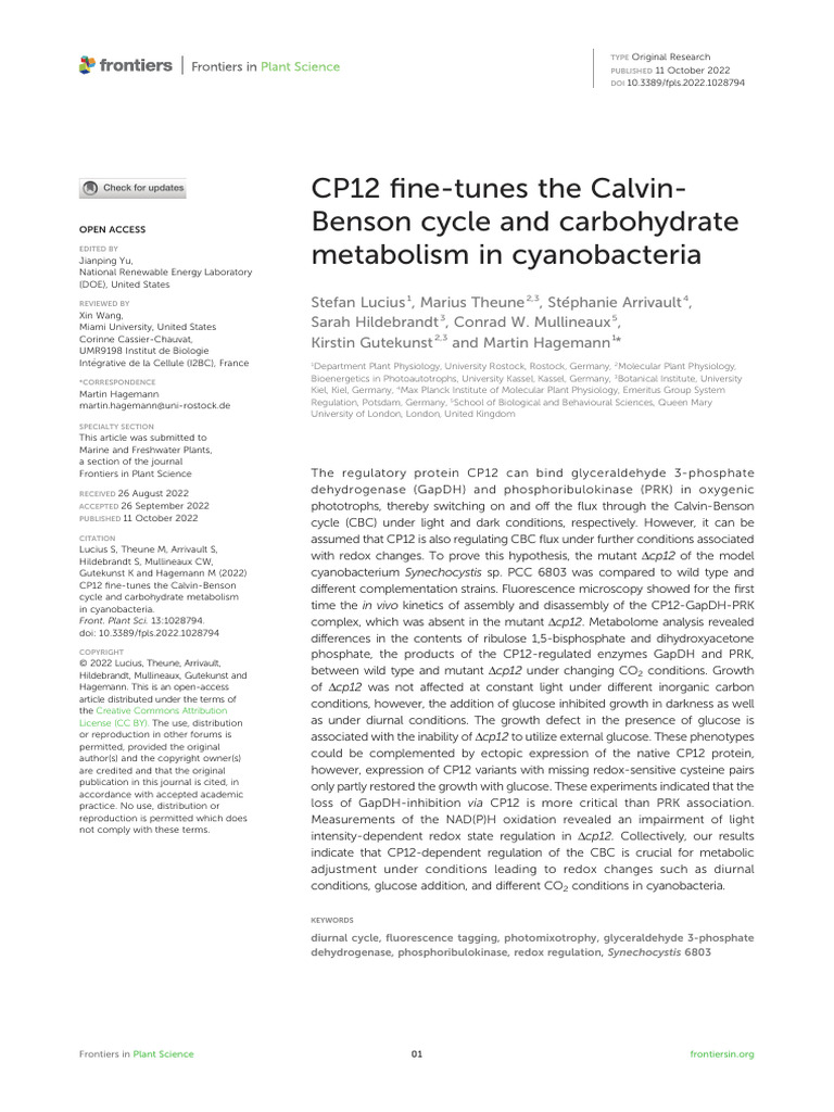 Front. Plant Sci. Lucius Et Al. CP12 Finestunes The CAlvin-Benson Cycle and Carbohydrate ...