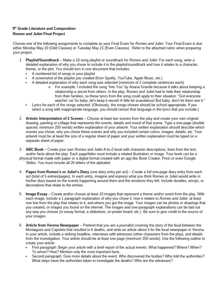 Romeo and Juliet Project with rubric 2024-1 | PDF | Characters In Romeo ...