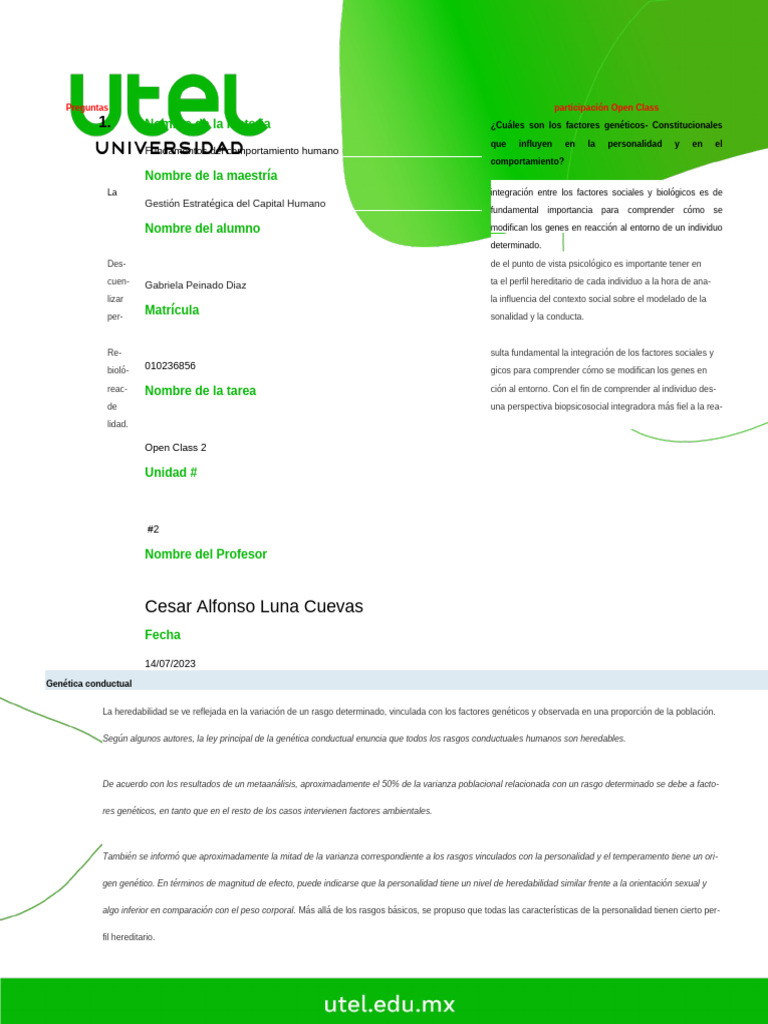 Open Class 2 Participacion-Comportamiento Humano | PDF | Teoría de apego | Comportamiento