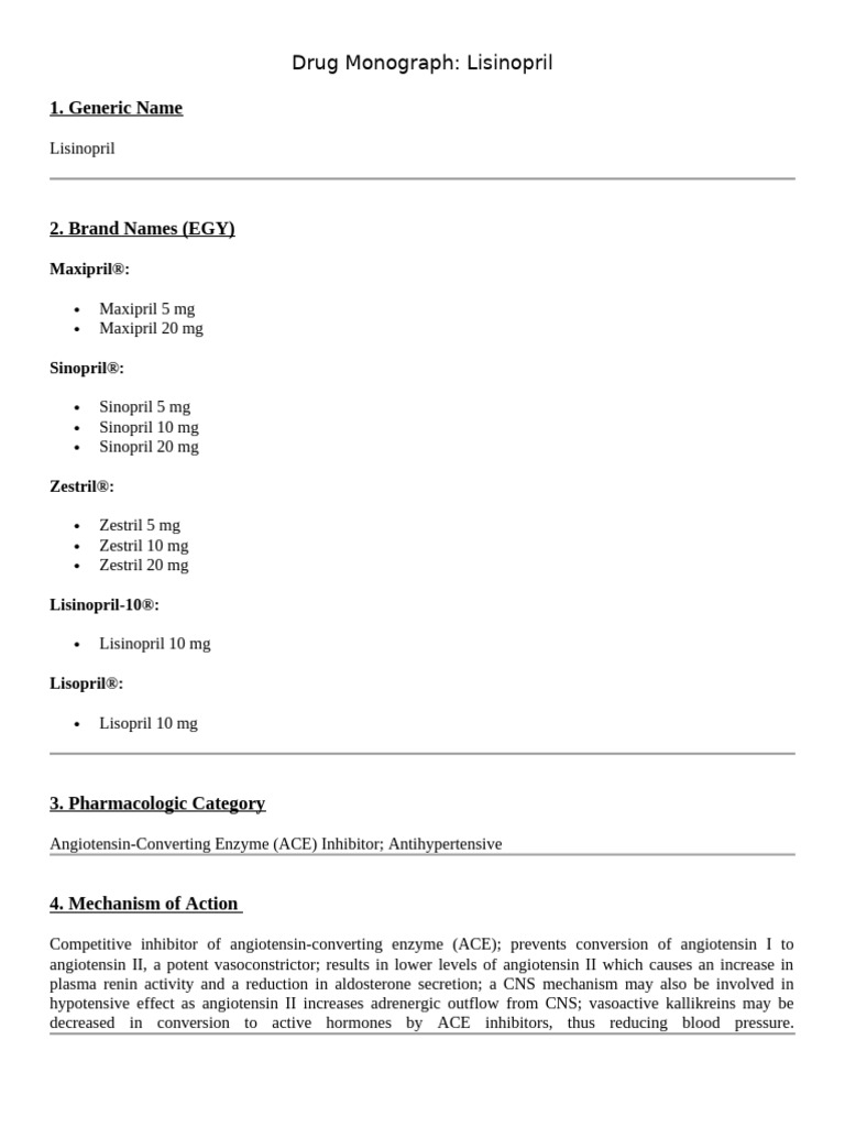 Drug Monograph - Lisinopril | PDF | Myocardial Infarction | Chronic ...