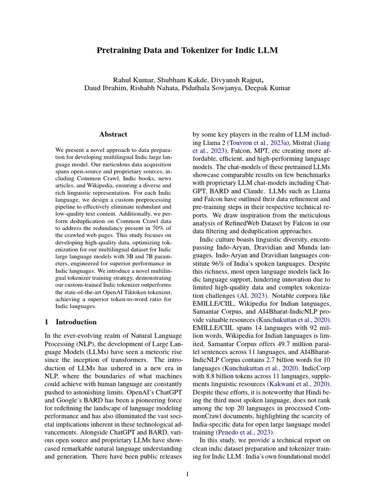 Pretraining Data and Tokenizer for Indic LLM | PDF